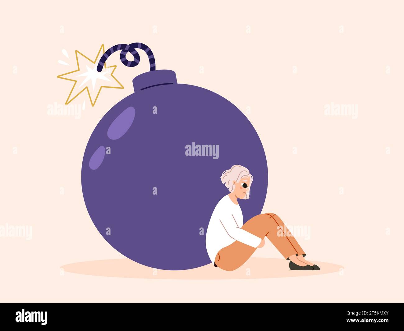 Burn out and tired teenager. Young adult character sitting near bomb ...