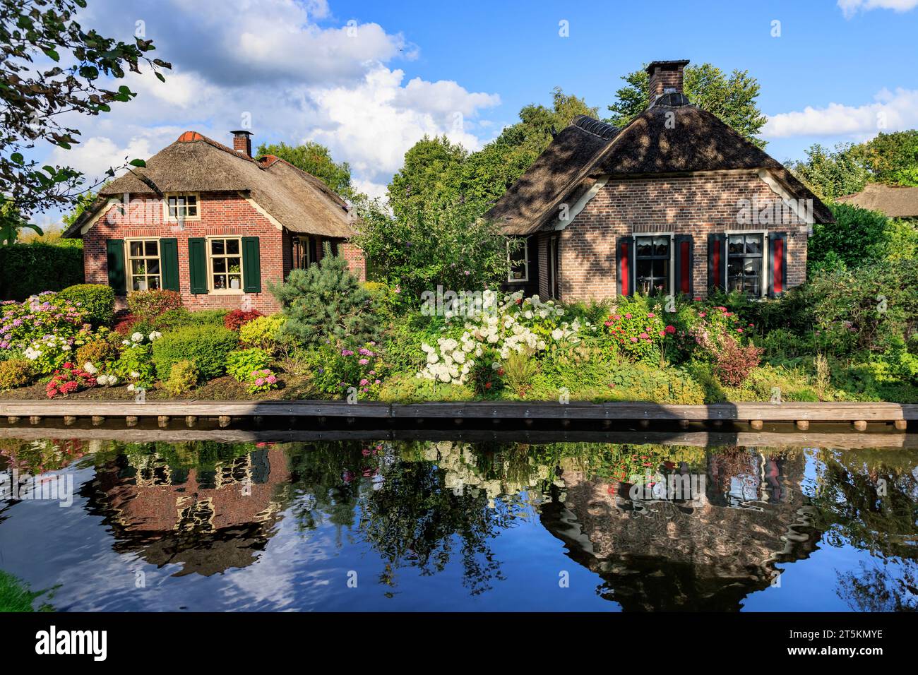 Traditional dutch brick houses with lush green lawns on a water canal ...