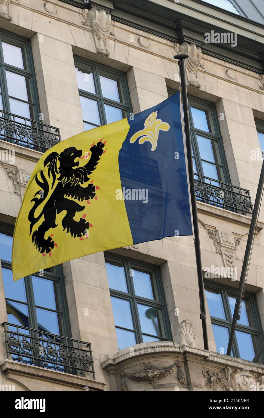 yellow and blue waving flag of Flanders with the lion rampant which is ...