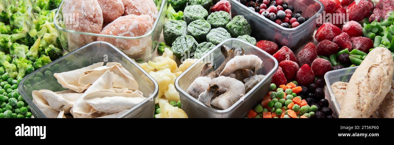 Frozen food, vegetables, fruits, meat, bread and fish on a white ...