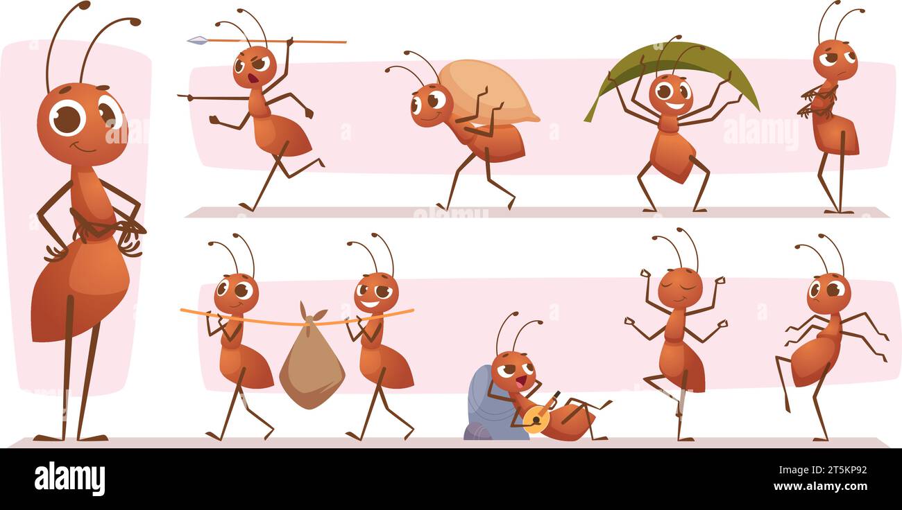 Cartoon ants. Mascot bugs running jumping standing exact vector ants in ...