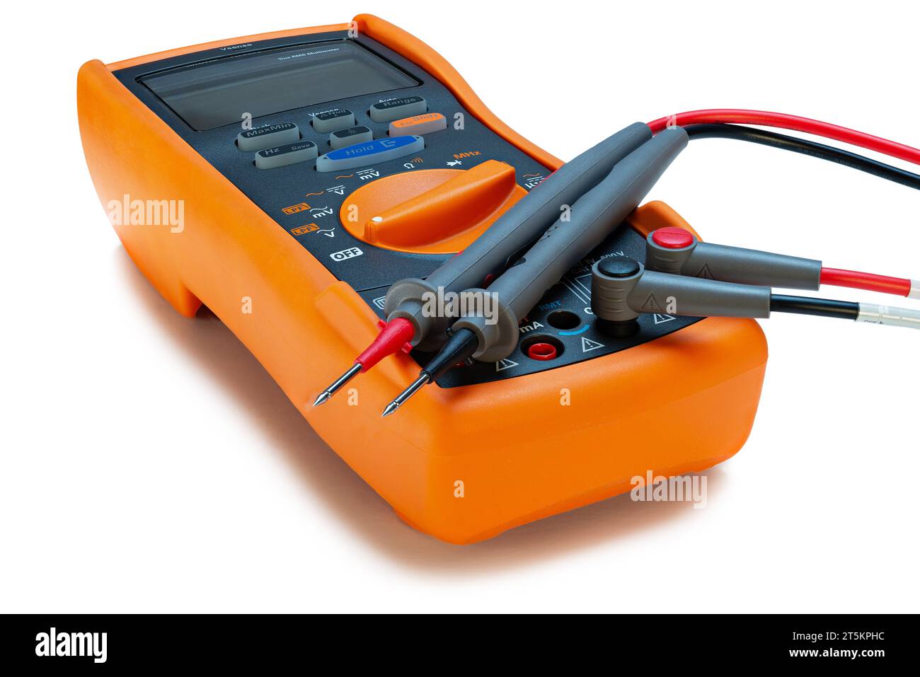 Modern digital multimeter in an orange case with lit display, and red ...