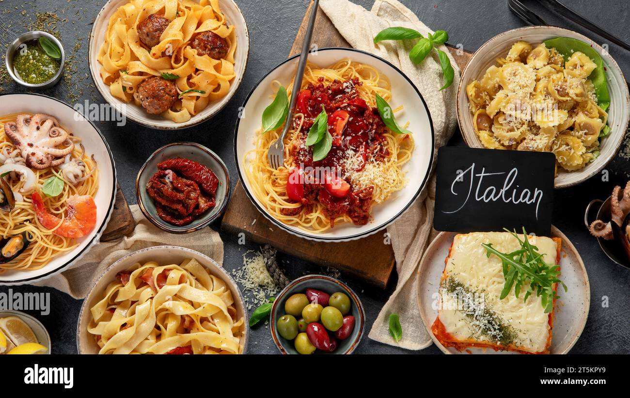 Pasta. Assortment of Italian pasta dishes, including spaghetti ...