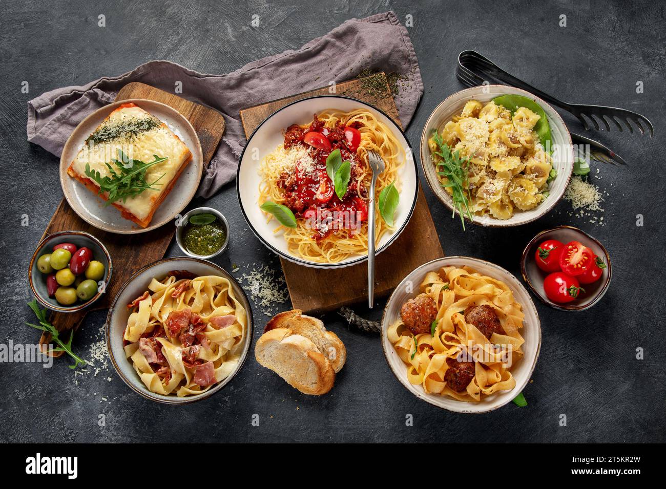 Pasta. Assortment of Italian pasta dishes, including spaghetti ...