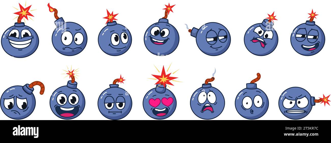 Cartoon bomb characters. Various emotional bombs, isolated weapon ...