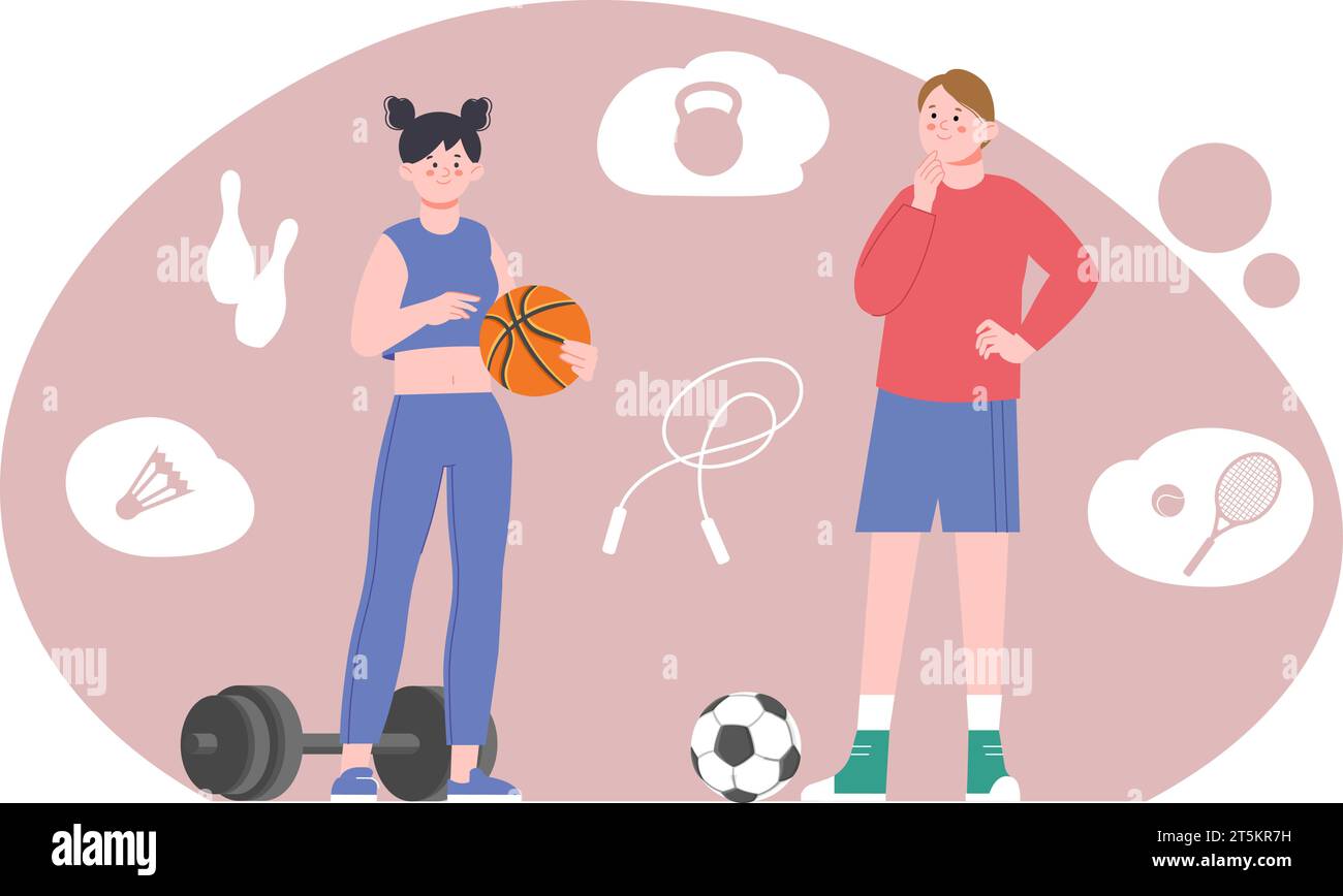 Young characters choose sport training. Football or basketball, tennis ...
