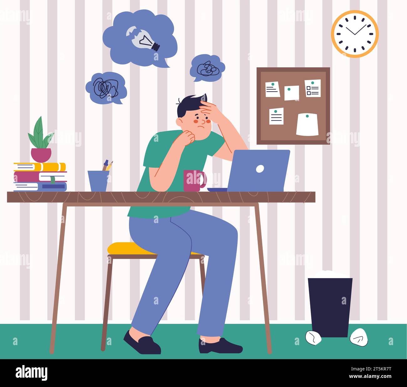 Work crisis exhausted boy. Young tired man sitting on desk with laptop ...