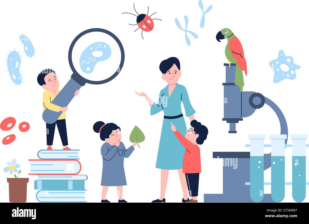 Biology lesson with teacher. Kids studying botany, looks through ...