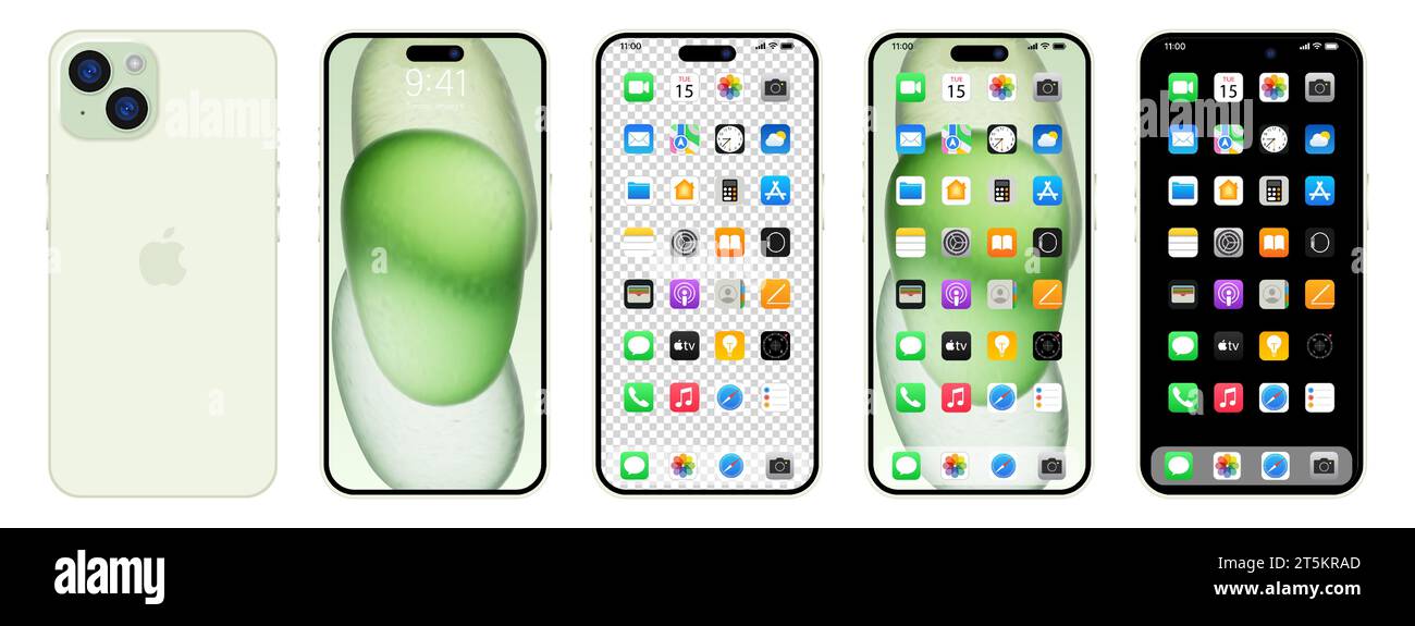 New green Iphone 15. Apple inc. smartphone with ios 15. Locked screen ...