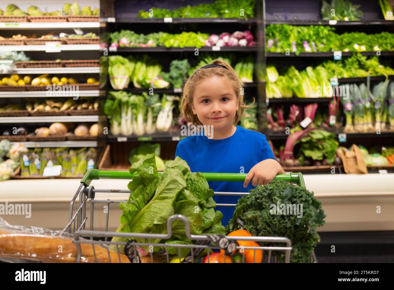 Kid with shopping cart and vegetables at grocery store. Shopping with ...