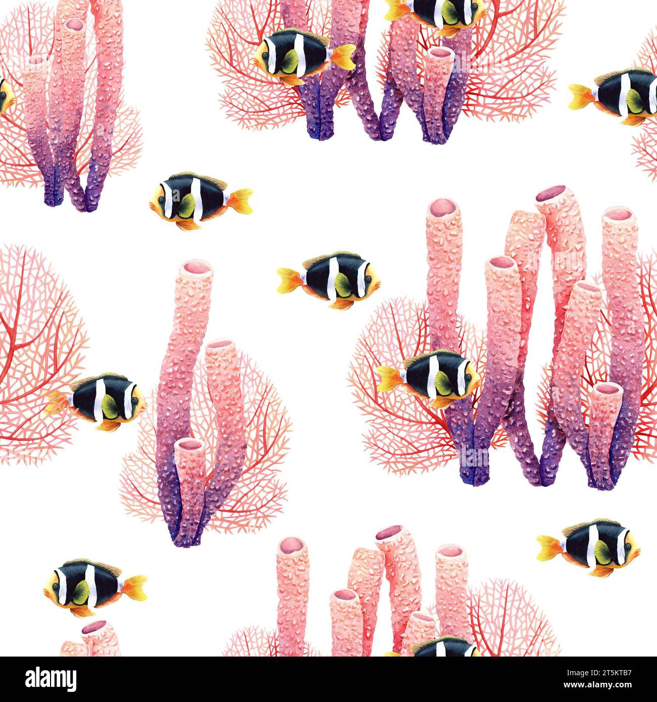 Seamless pattern with underwater coral reef plants and exotic clark ...