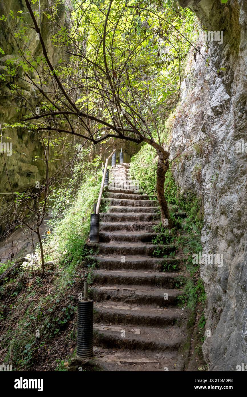 A walking trail following the river bed leading to a waterfall. Nydri ...