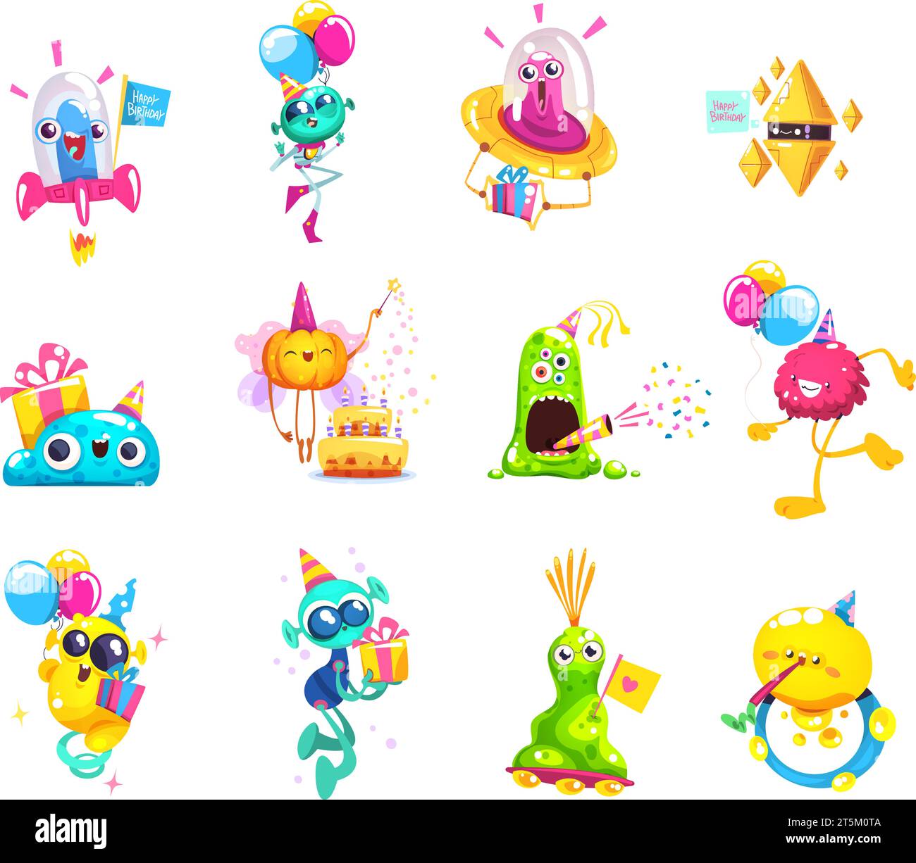 Monster birthday party. Goofy monsters toy with balloon cupcake ...