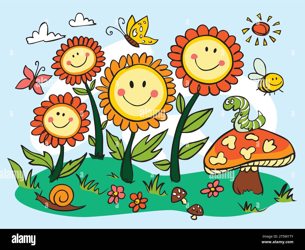 Vector cute happy cheeky smiley flowers horizontal with mushroom ...