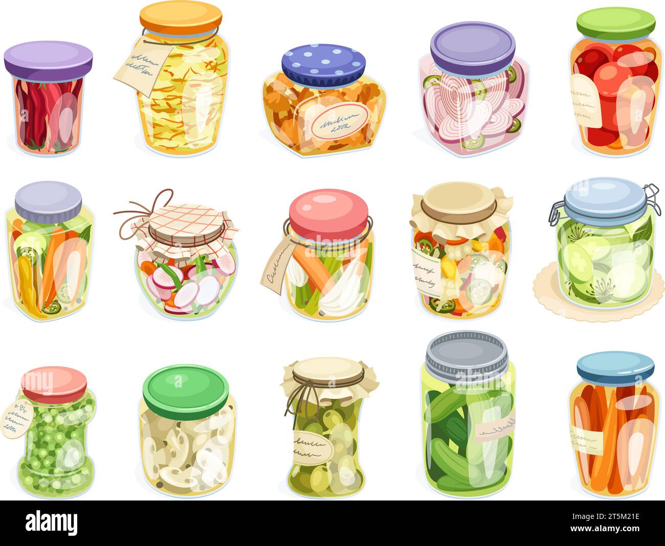 Preserved vegetables. Pickled food glass jars homemade marinades ...