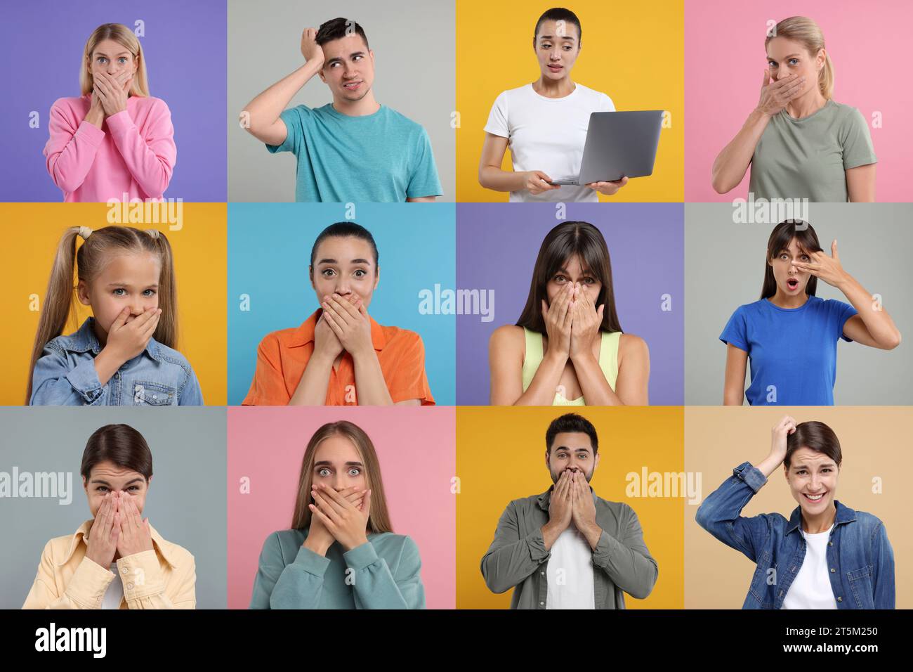 Collage with photos of embarrassed people on different color ...