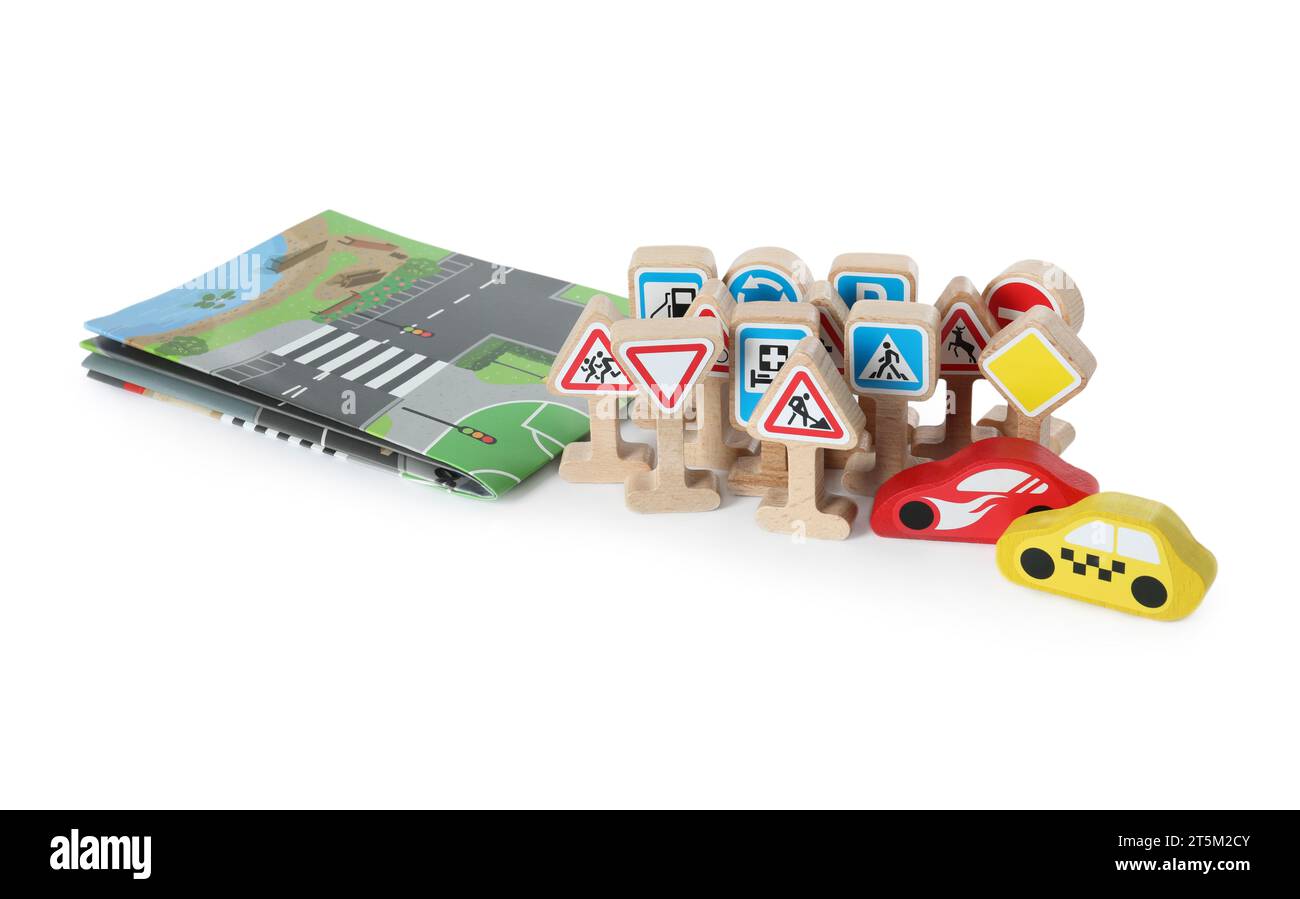 Set of wooden road signs and cars isolated on white. Children's toy ...