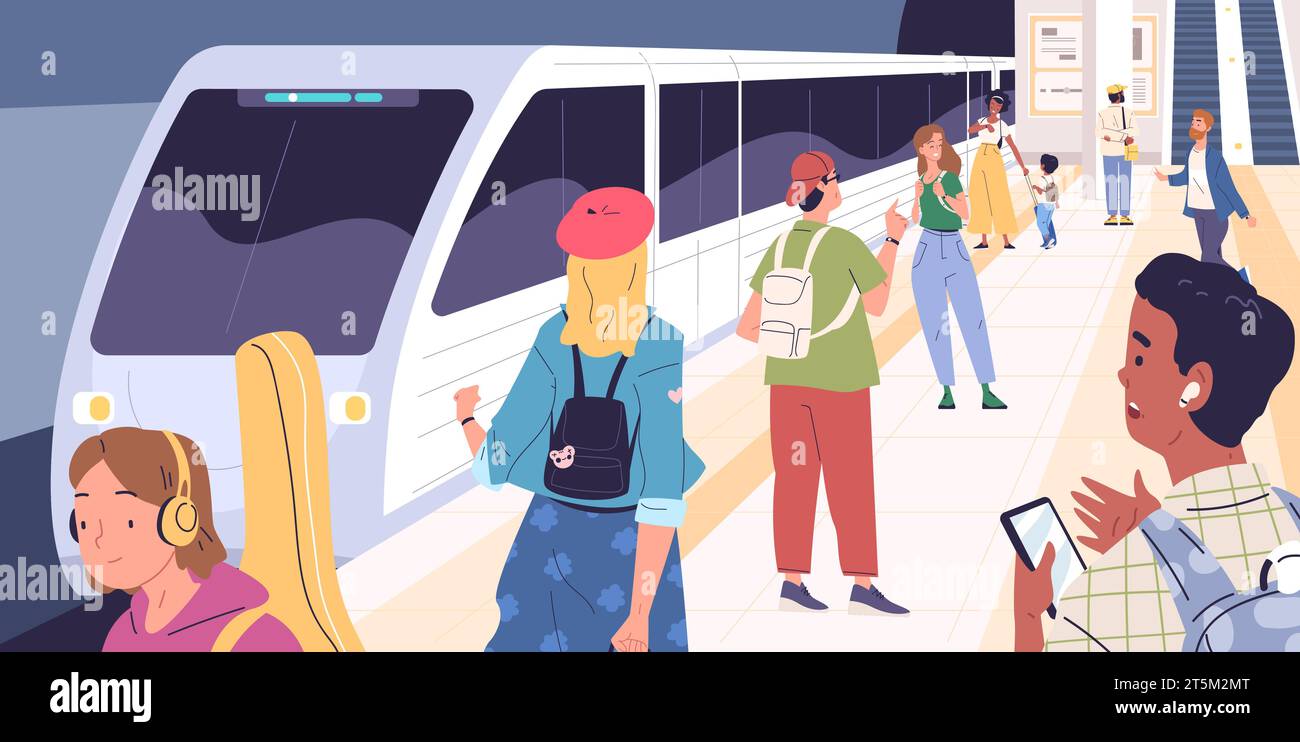 People metro platform. Passengers with luggage waiting arrival train or ...