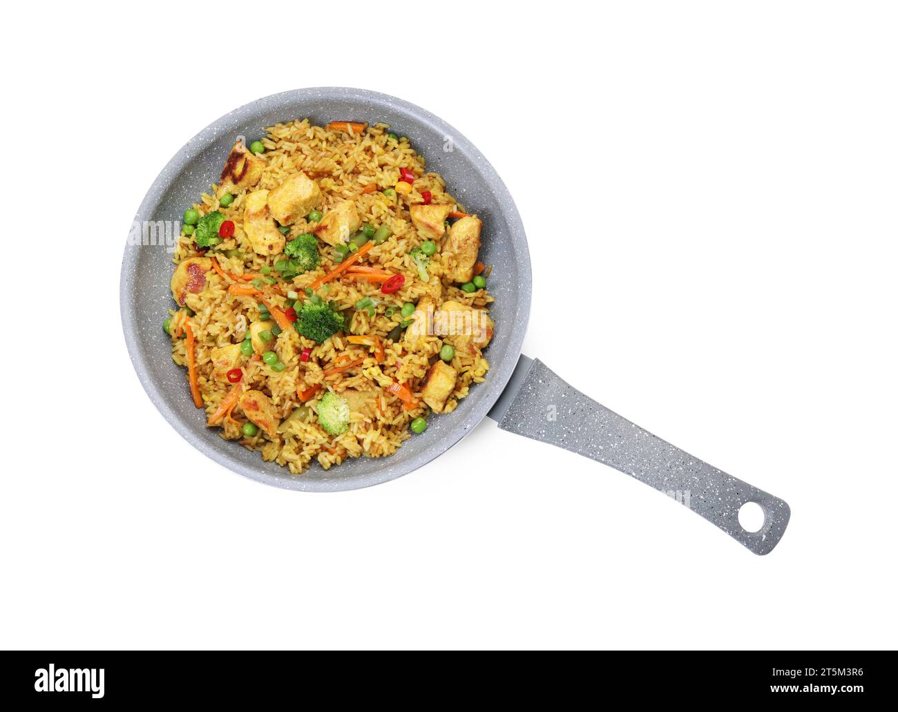 Tasty rice with meat and vegetables in frying pan isolated on white ...