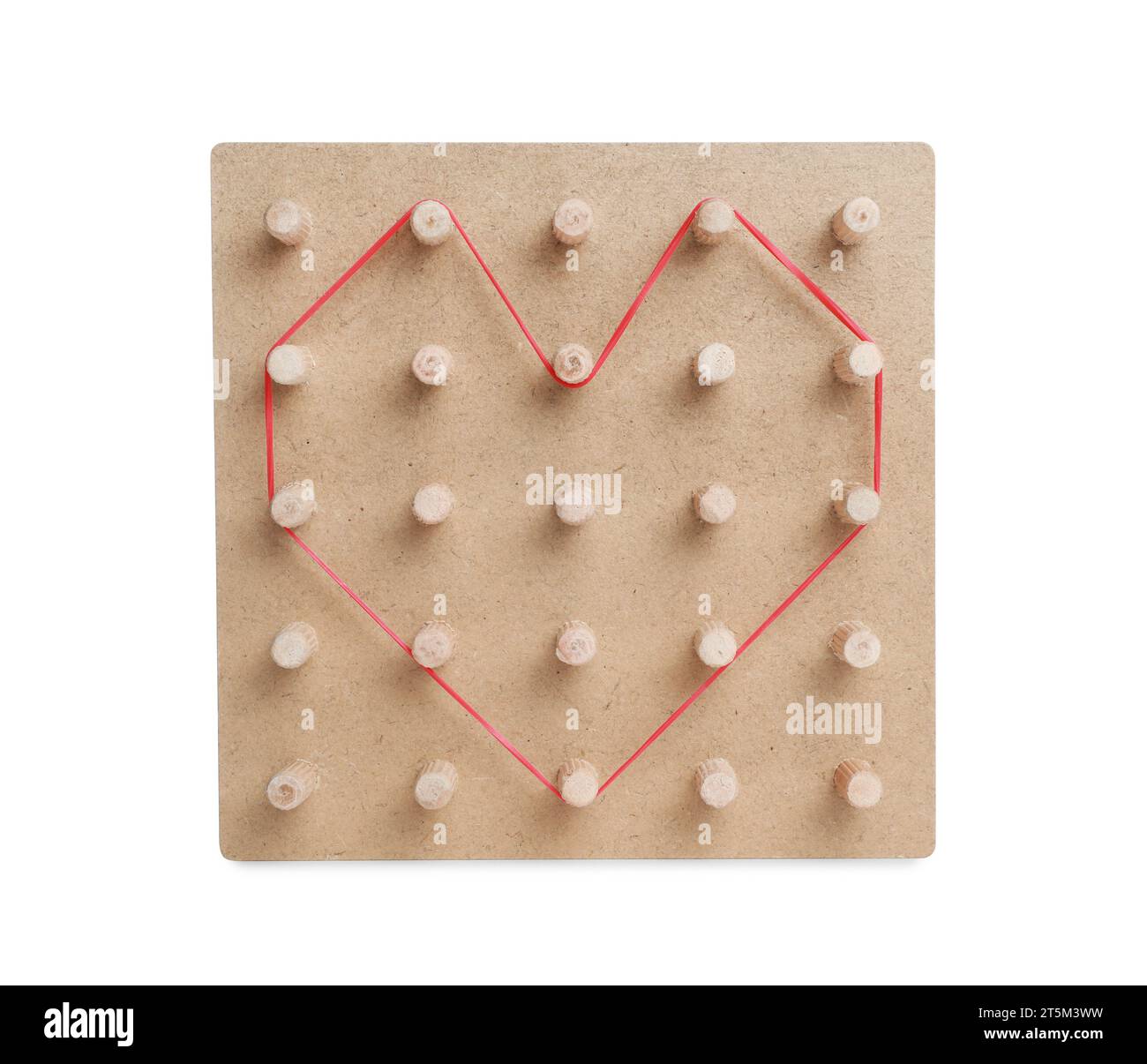 Wooden geoboard with heart made of rubber band isolated on white ...
