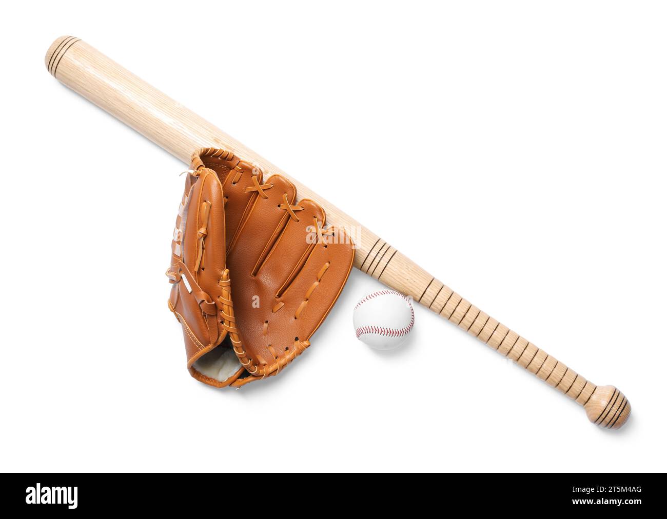 Wooden baseball bat, ball and glove isolated on white, top view Stock ...
