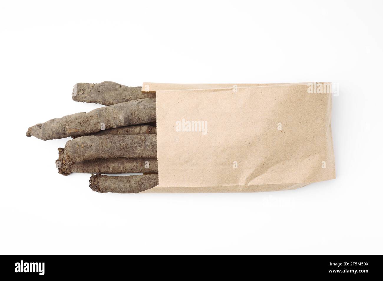 Paper bag with raw salsify roots on white background, top view Stock ...