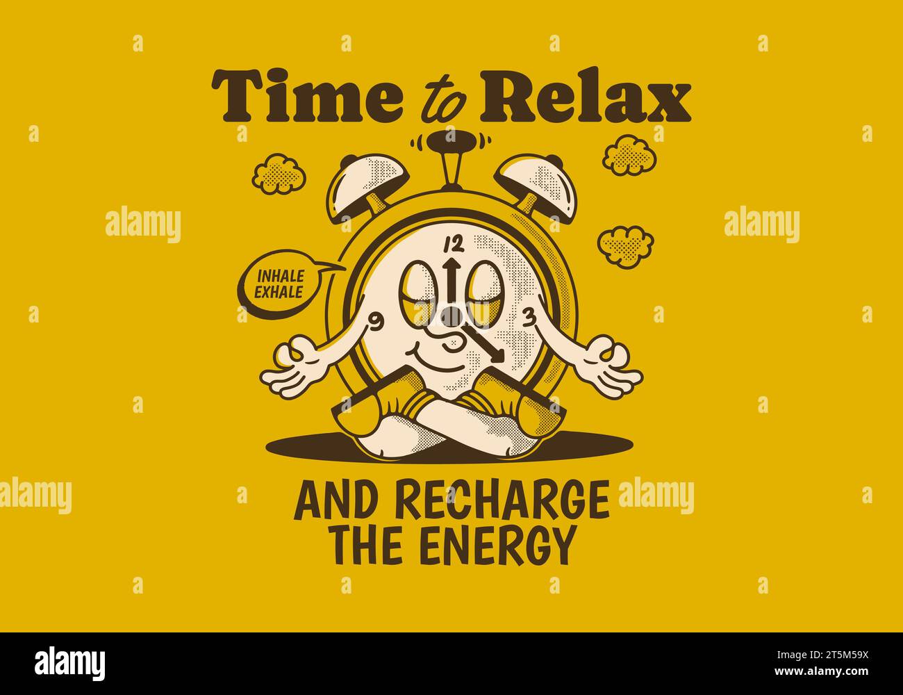 Time to relax. Alarm clock mascot character illustration in meditation ...