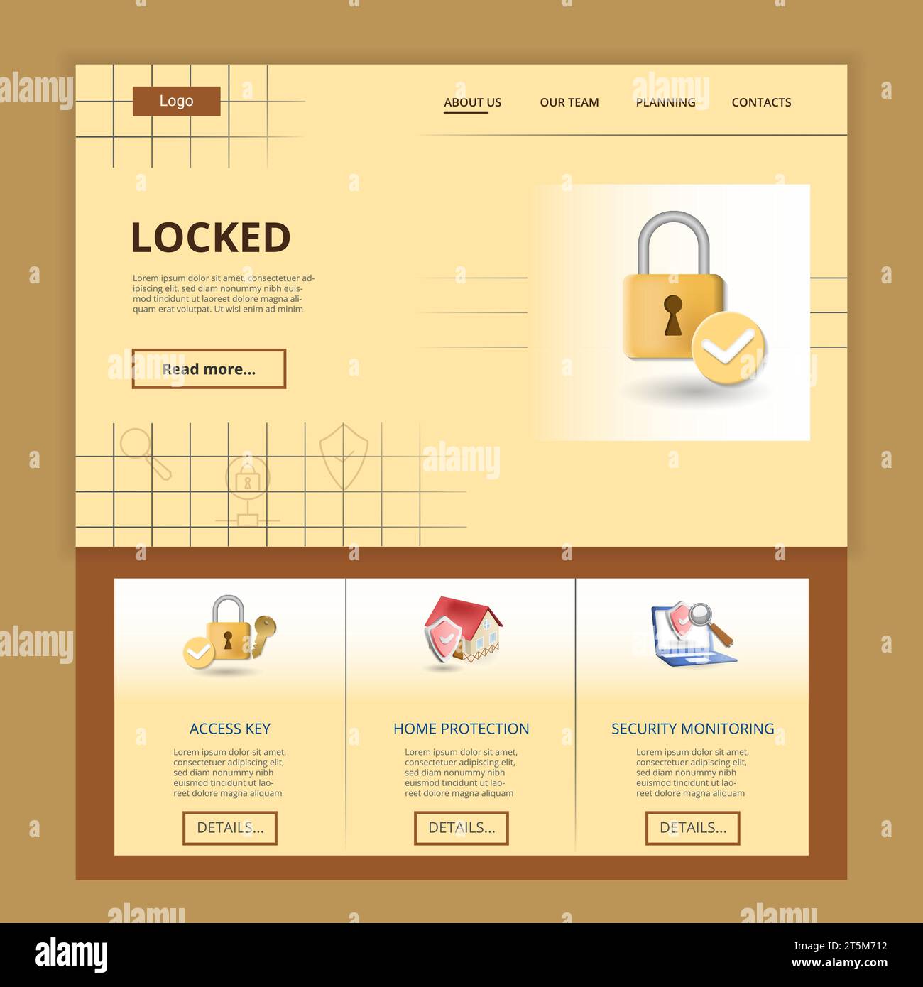 Locked flat landing page website template. Acces key, home protection ...