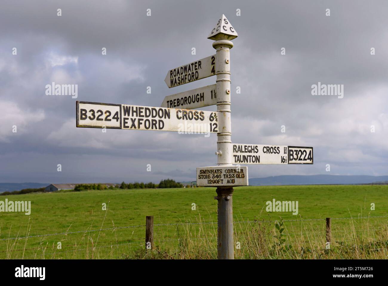 Historic road sign fingerpost at Sminhays Corner in Exmoor, North ...