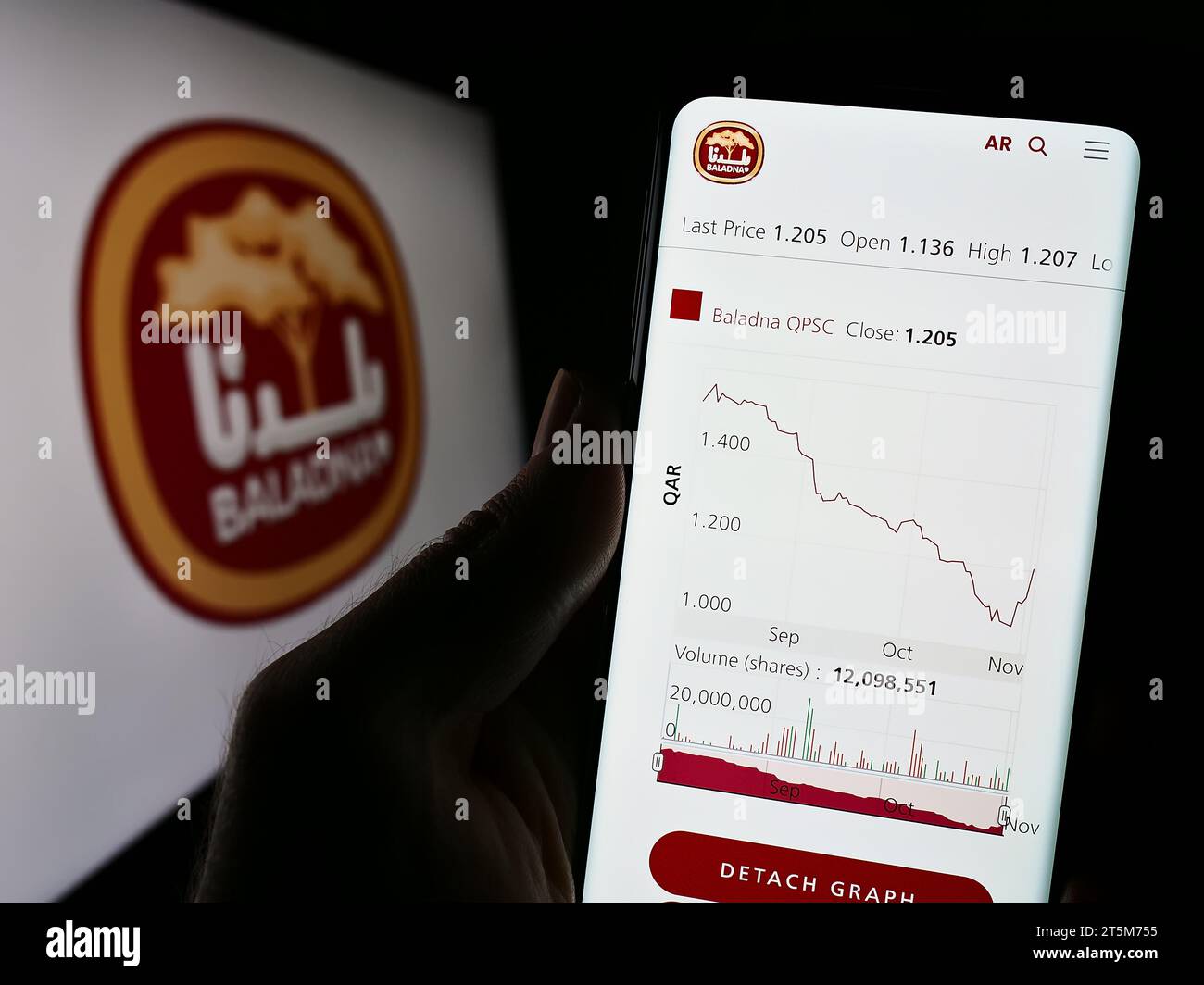 Person holding smartphone with website of Qatari dairy and food company ...