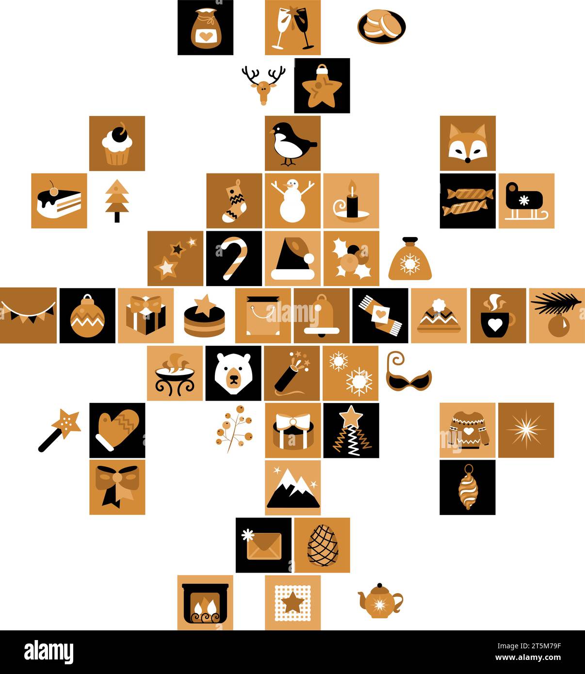 Snowflake shaped collage stacked of square icons with symbols and signs ...