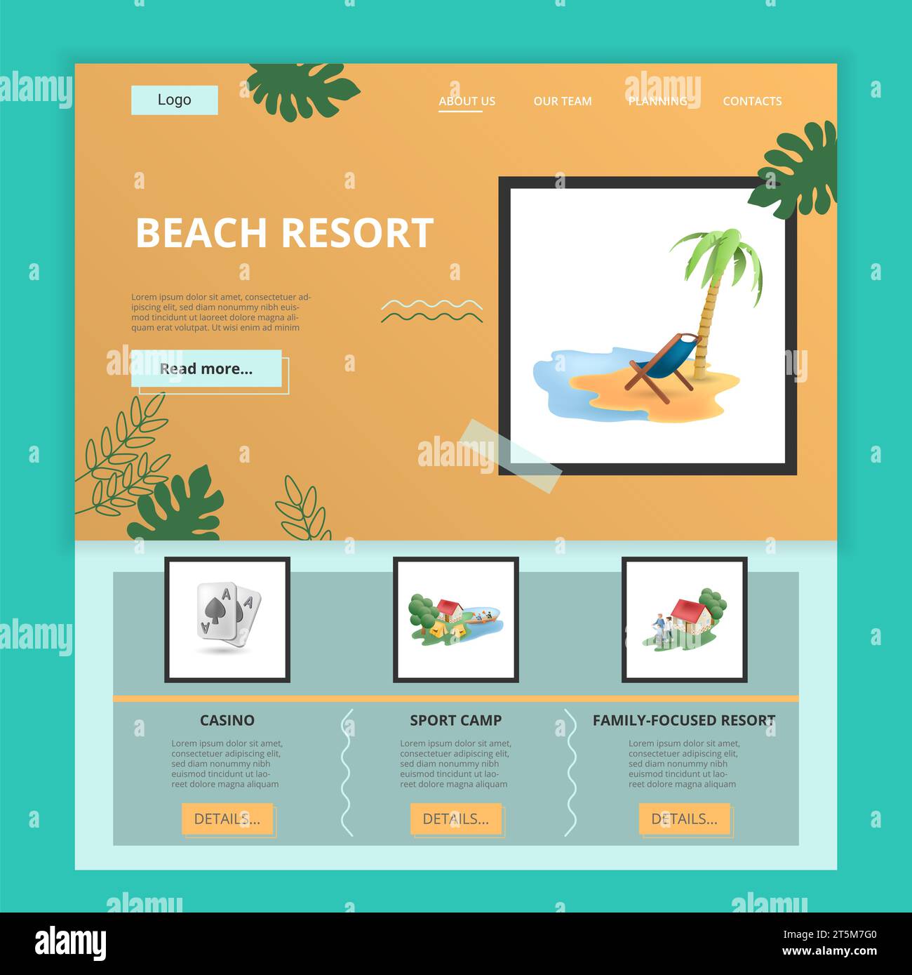 Beach resort flat landing page website template. Casino, sport camp ...