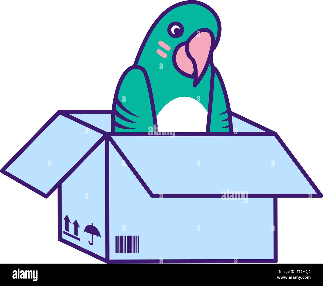 Cute small adopt tropical parrot sits in cardboard box and waits for ...
