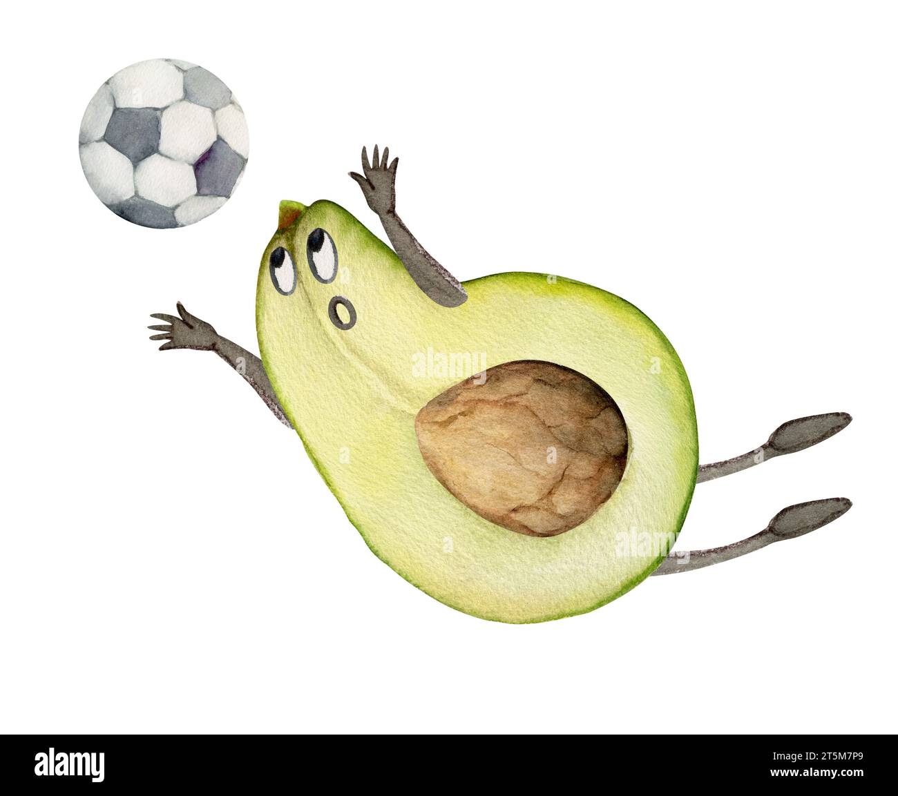 Hand drawn watercolor avocado character playing soccer football ...