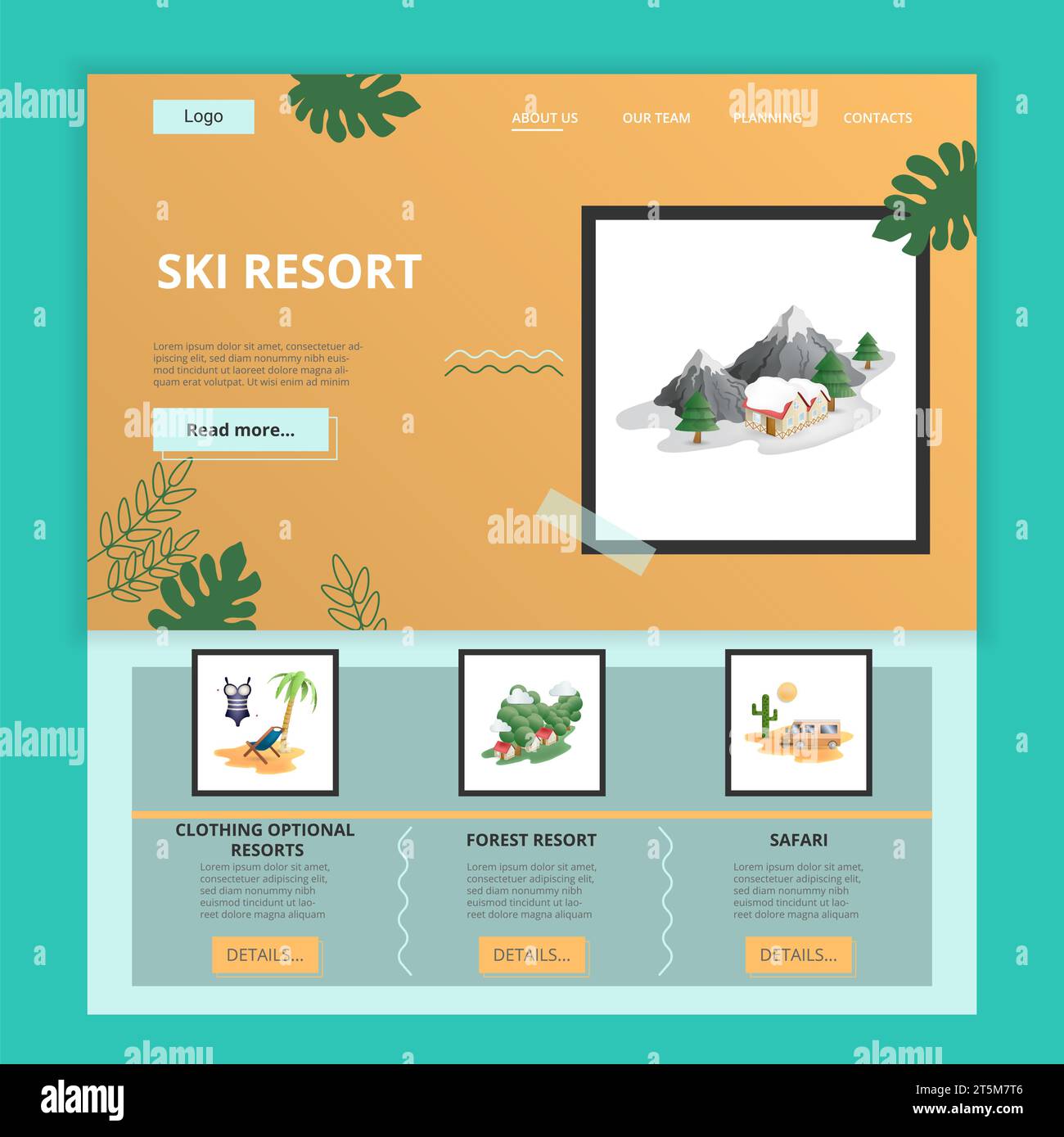 Ski resort flat landing page website template. Clothing optional resort ...