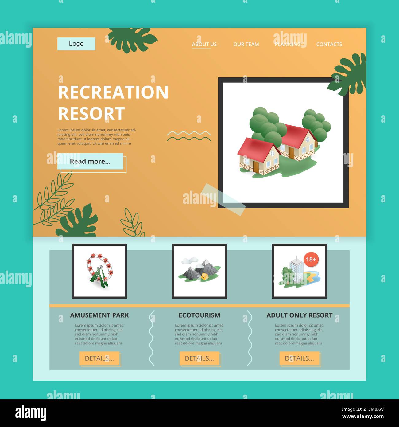 Recreation resort flat landing page website template. Amusement park ...