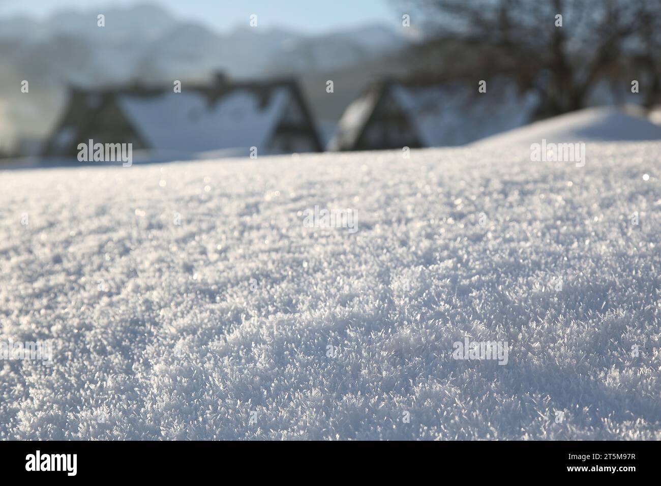 Pure untouched snow. Close-up. On the wavy surface, snowflakes sparkle ...