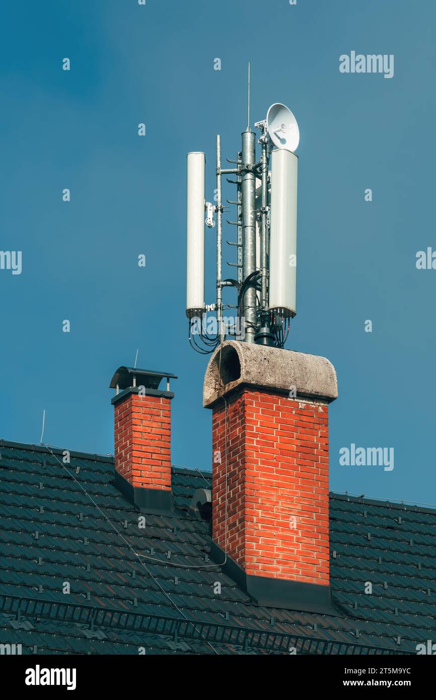Mobile telephony base station and signal repeater antenna on building ...