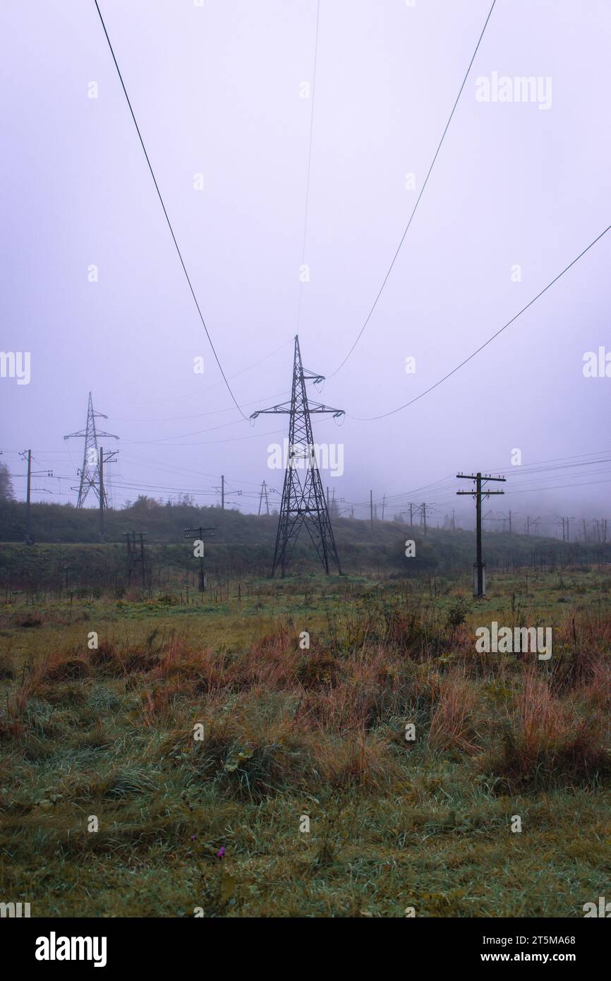 Power lines in foggy morning in autumn field. Electrical industry ...