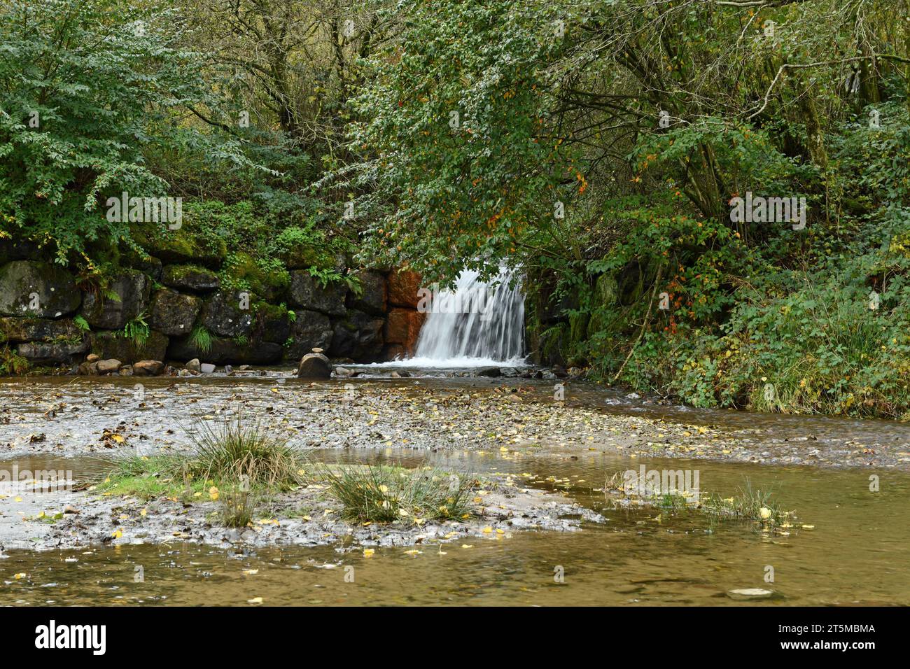 Standing at the Cwm Clydach Pond looking at the waterfall with the pond ...