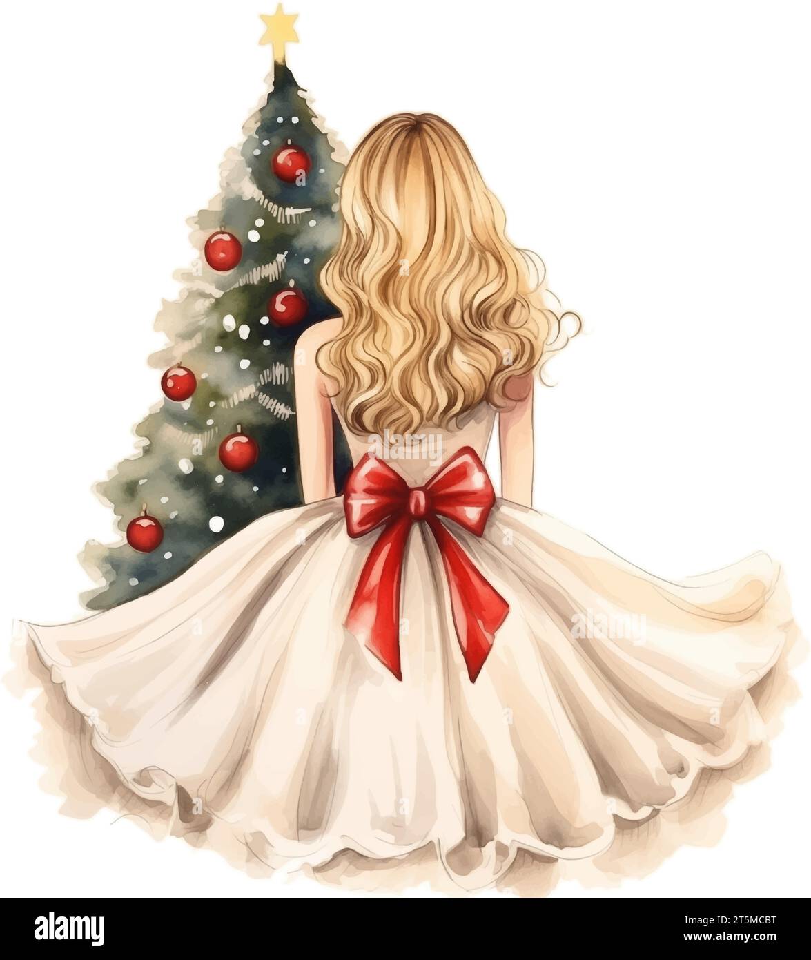 Beautiful Girl in fancy dress in front of the Christmas tree, view from ...