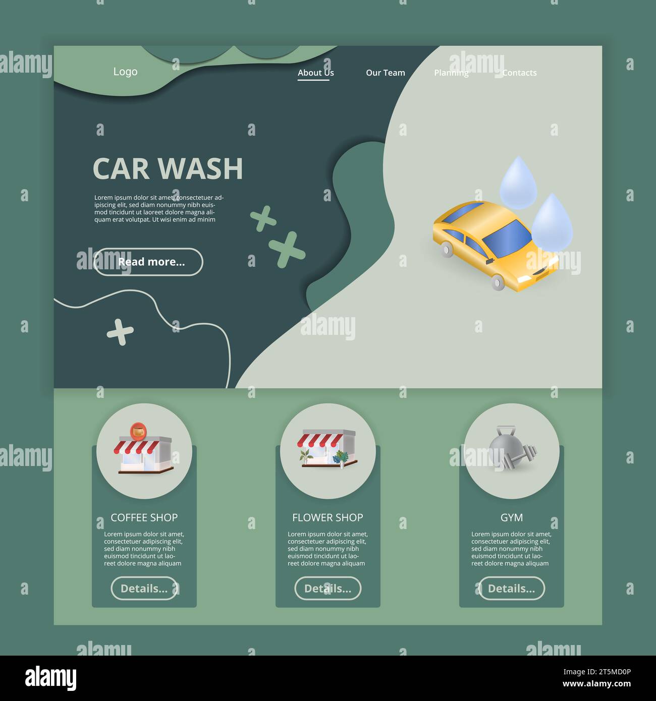 Car wash flat landing page website template. Coffee shop, flower shop ...