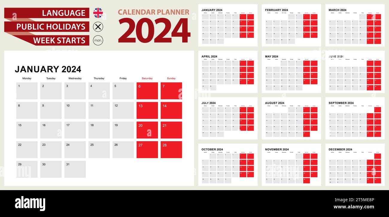 2024 Calendar Planner Design, week starts from Monday Stock Vector ...