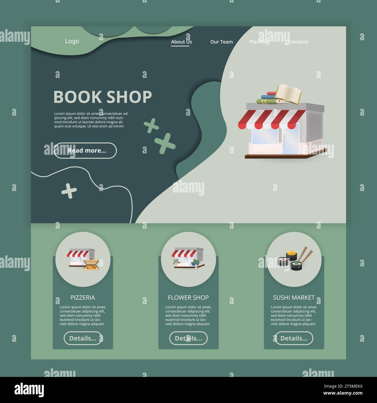 Book shop flat landing page website template. Pizzeria, flower shop ...