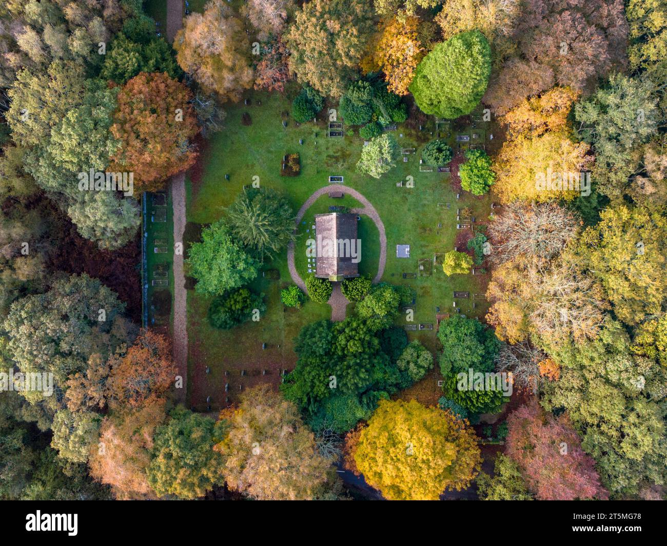 Aerial Top Down View of a Small Chapel and Graveyard Cemetery in ...