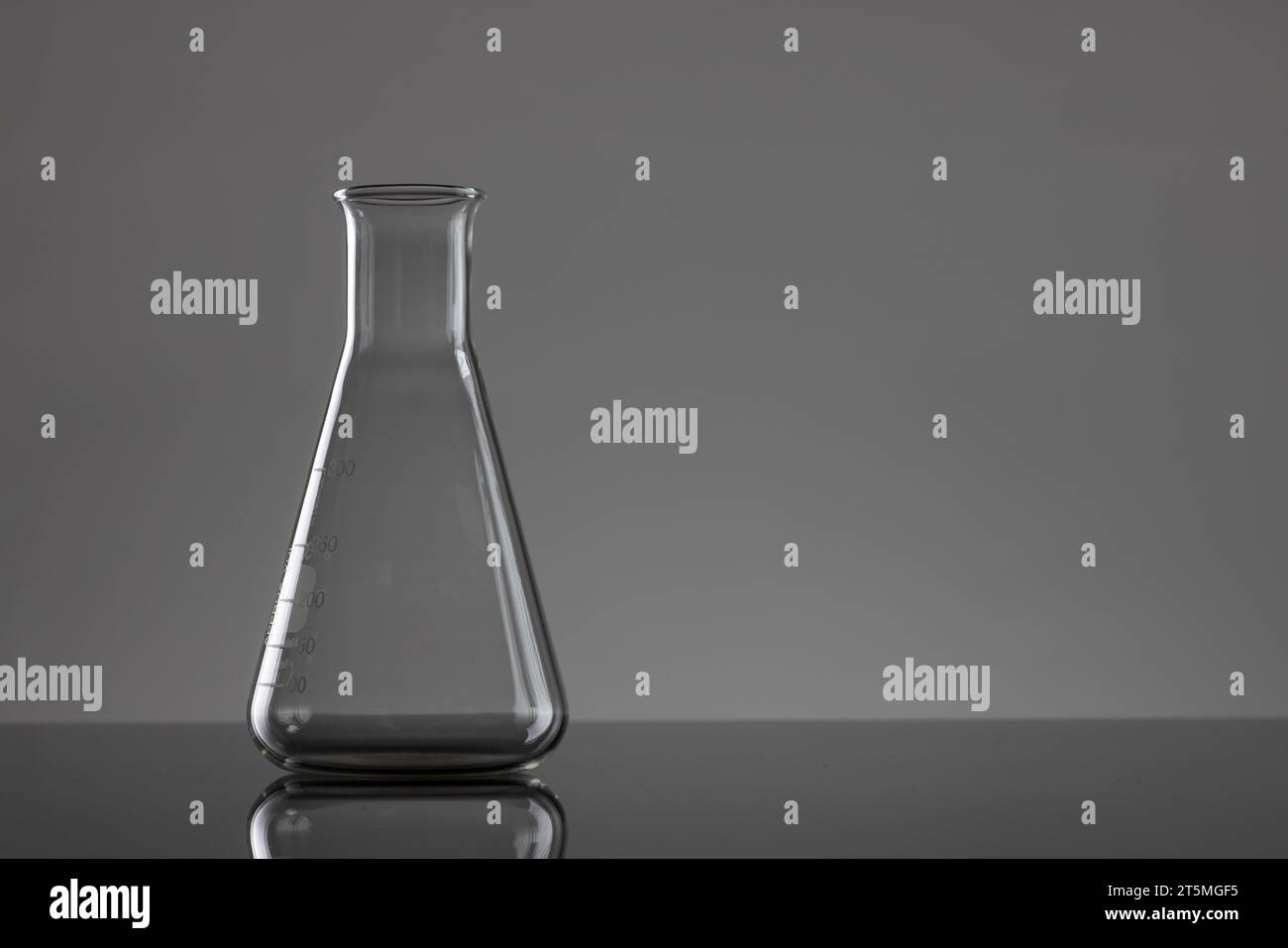 Close up of laboratory beaker and copy space on grey background Stock ...