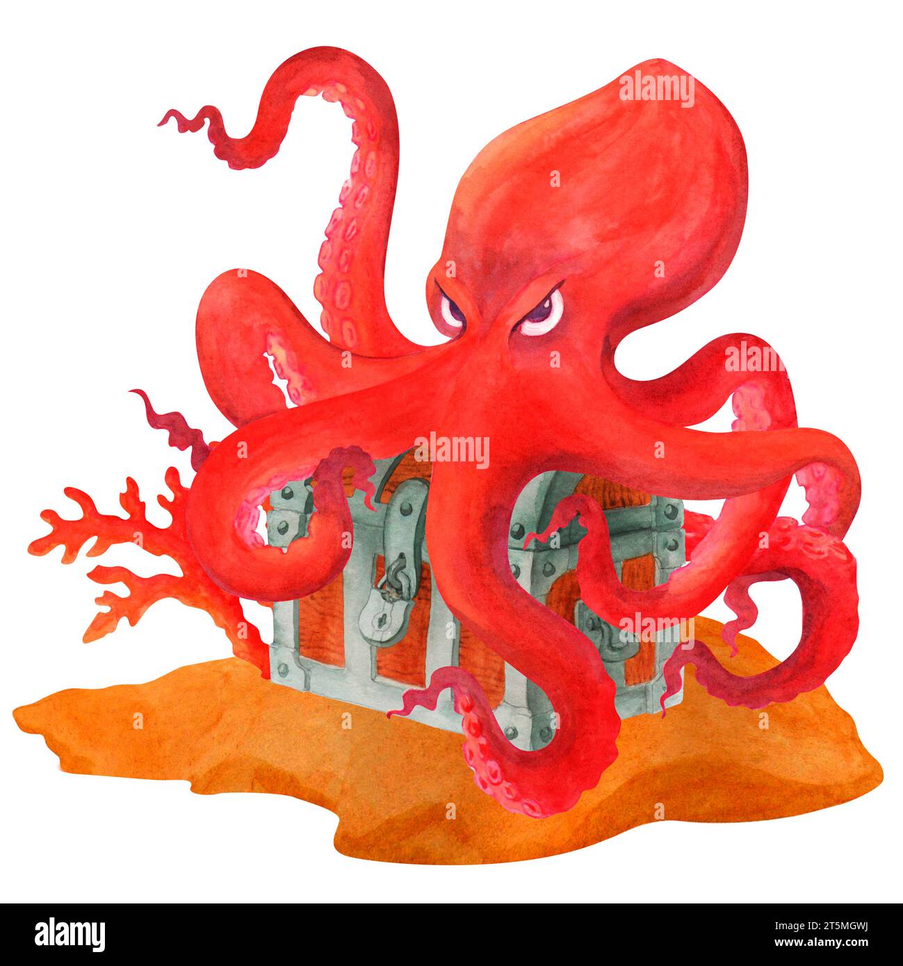 A red angry cartoon octopus protects the treasure chest, looks from ...