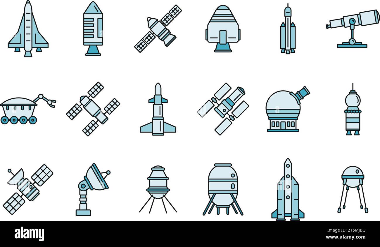 Planet space research technology icons set. Outline set of planet space ...