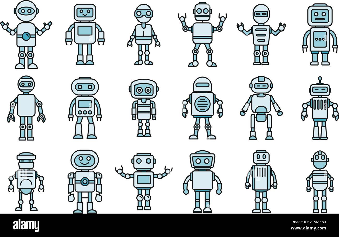 Humanoid robot icons set. Outline set of humanoid robot vector icons thin line color flat on ...