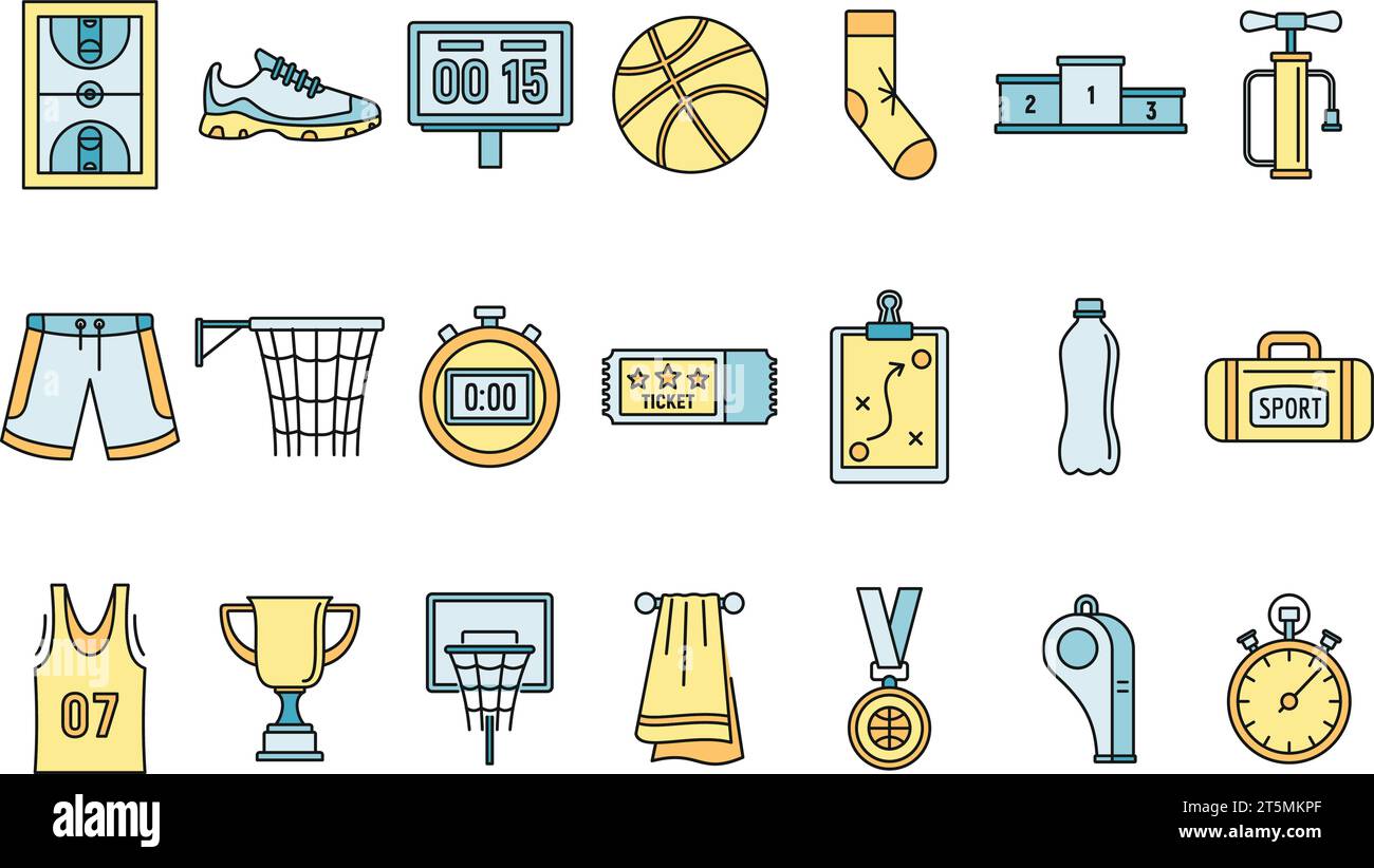 Basketball game equipment icons set. Outline set of basketball game ...